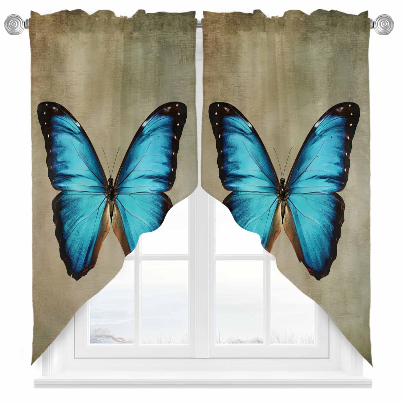 Blue Butterfly Swag Kitchen Curtain Valances, Vintage Brown Retro Bug ...