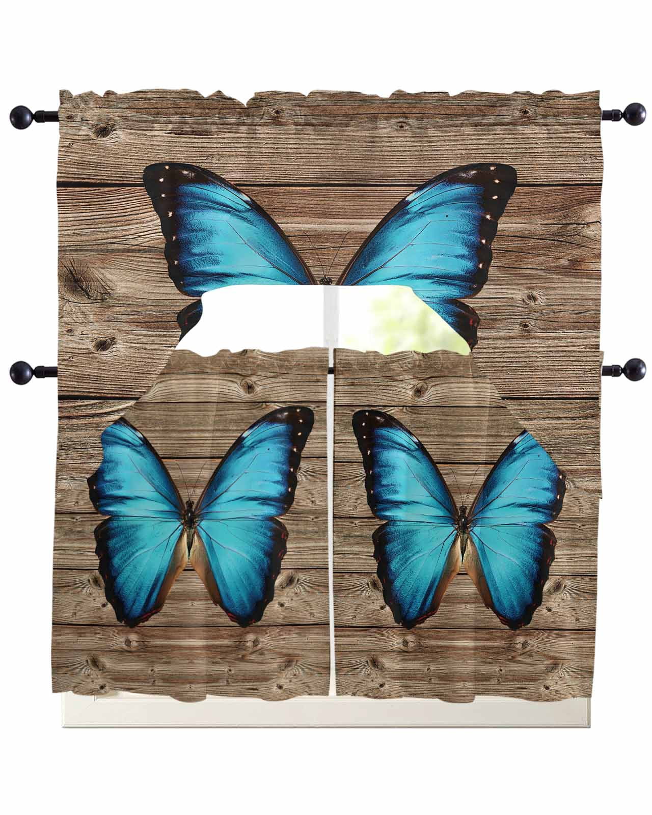 Blue Butterfly Swag Valance for Window, 3 Piece Vintage Brown Wood ...