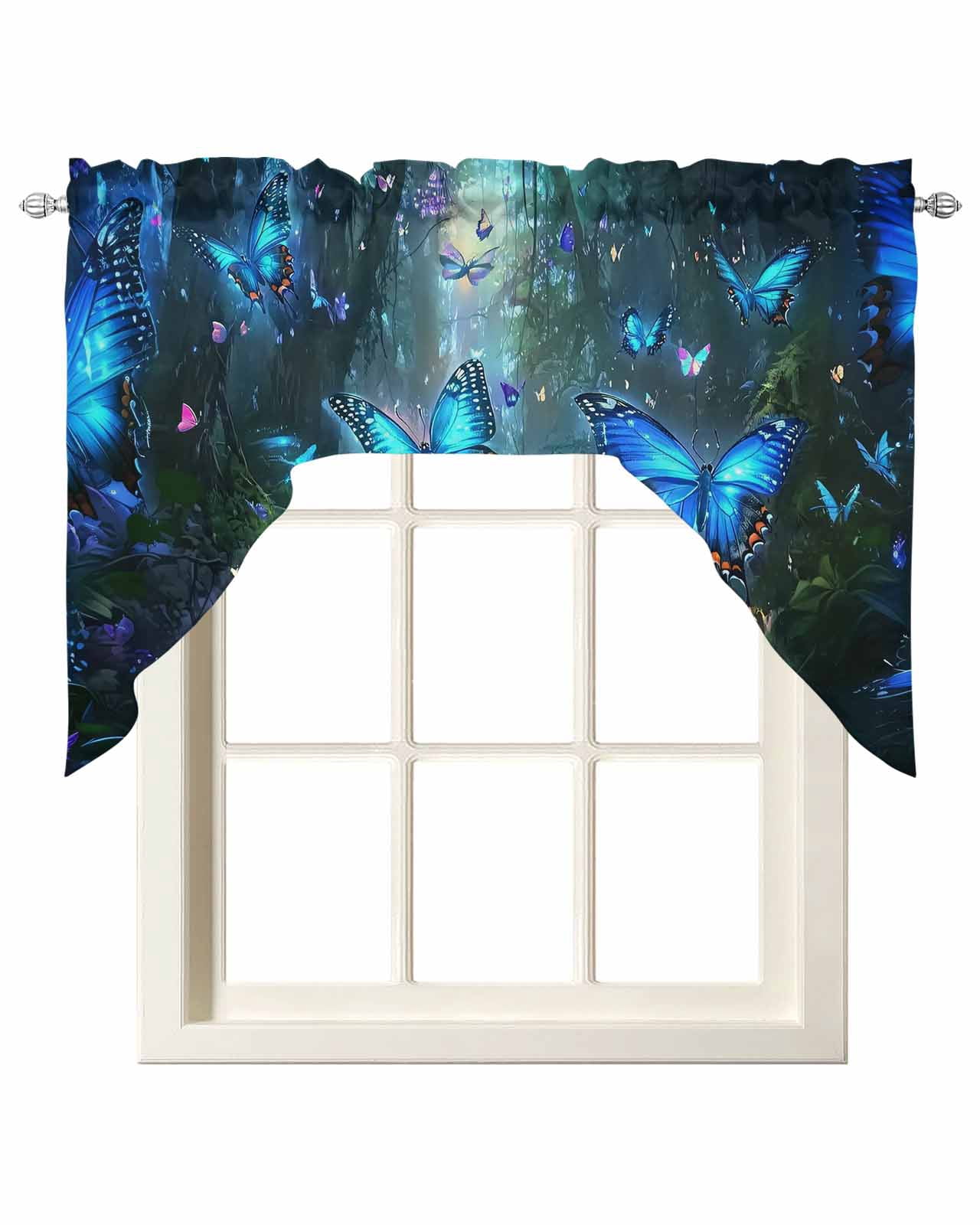 Blue Butterfly Swag Valance for Window, Shiny Dream Flower Forest ...