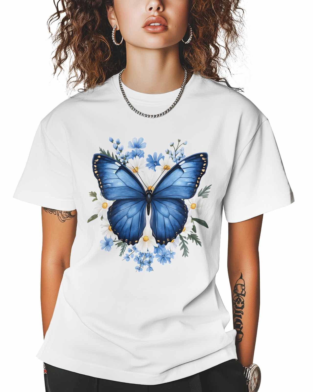 Blue Butterfly T Shirts for Women Short Sleeve Cotton Crewneck T-Shirt ...