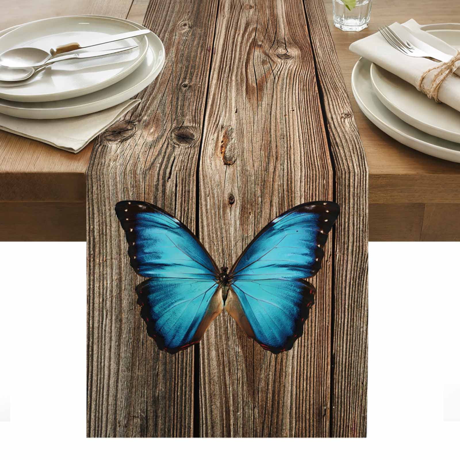 Blue Butterfly Table Runner 13 x 108 Inch, Vintage Brown Wood Grain ...