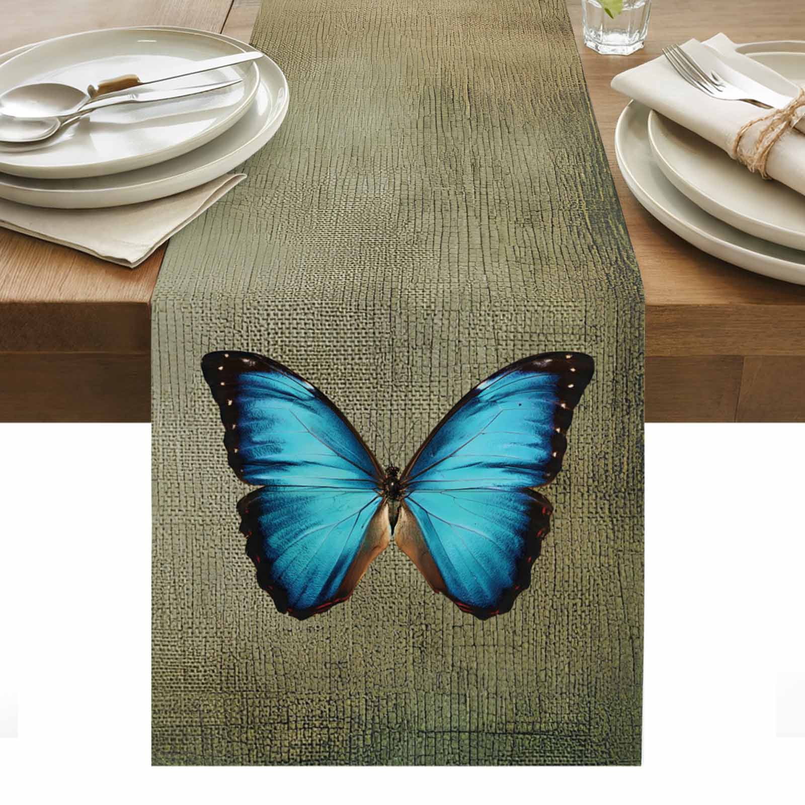 Blue Butterfly Table Runner 13 x 90 Inch, Vintage Brown Retro Bug Farm ...