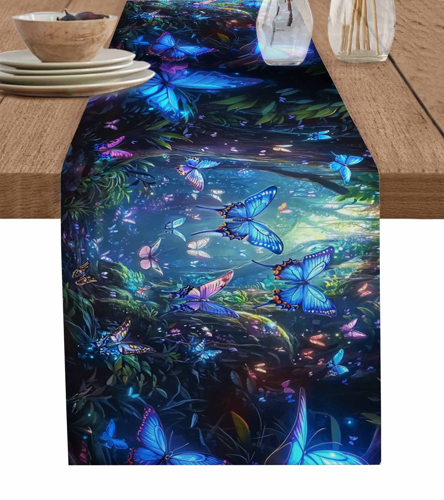 Blue Butterfly Table Runner 72 Inches, Modern Art Forest Butterflies ...