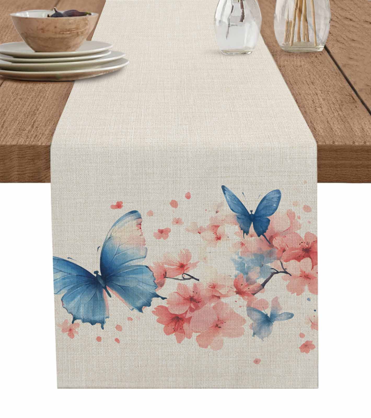 Blue Butterfly Table Runner 72 Inches, Retro Country Spring Pink ...