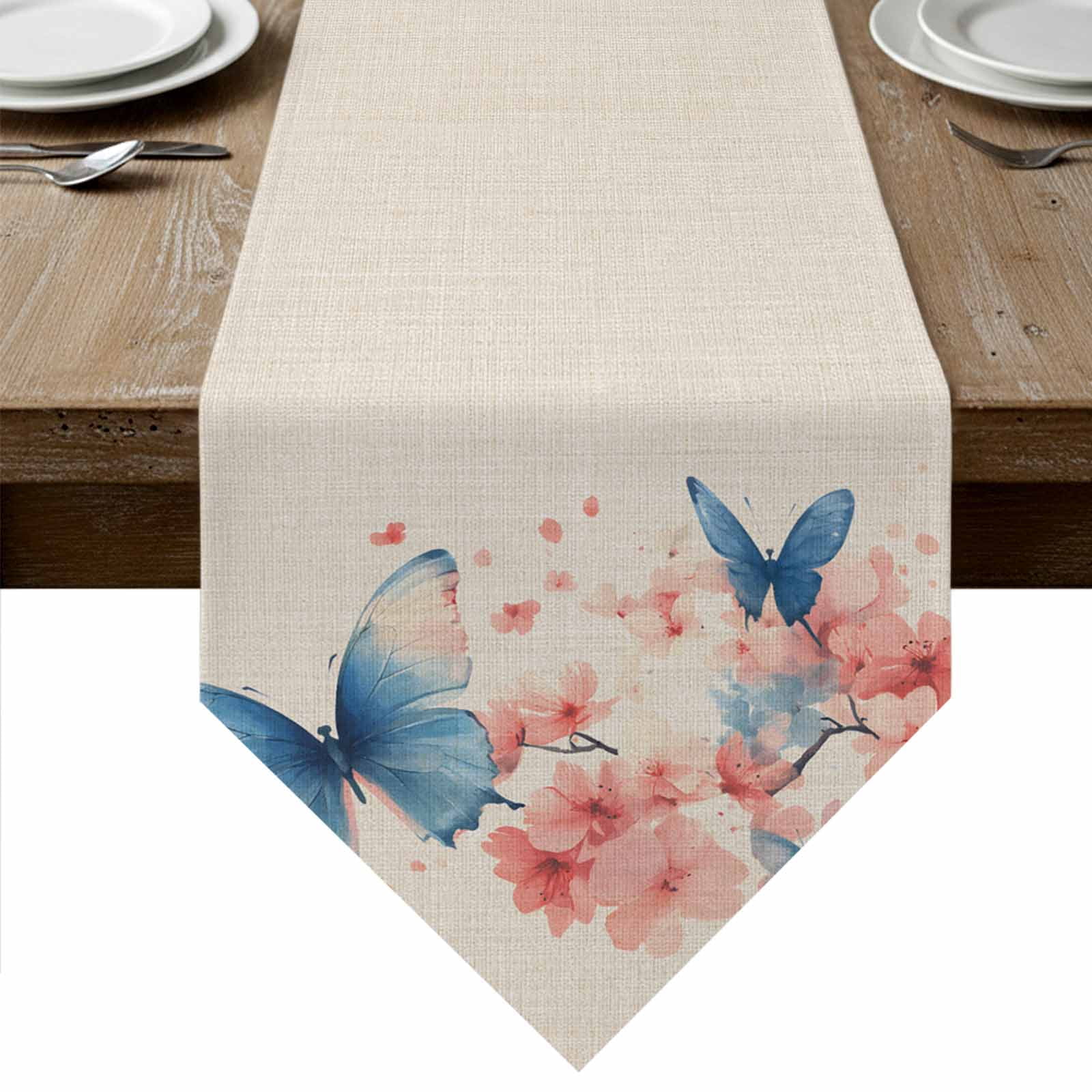 Blue Butterfly Table Runner Linen Burlap Table Runner 108 Inches Long ...