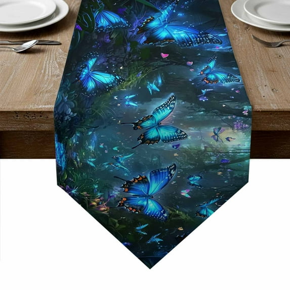 Blue Butterfly Table Runner Linen Burlap Table Runner 36 Inches Small ...