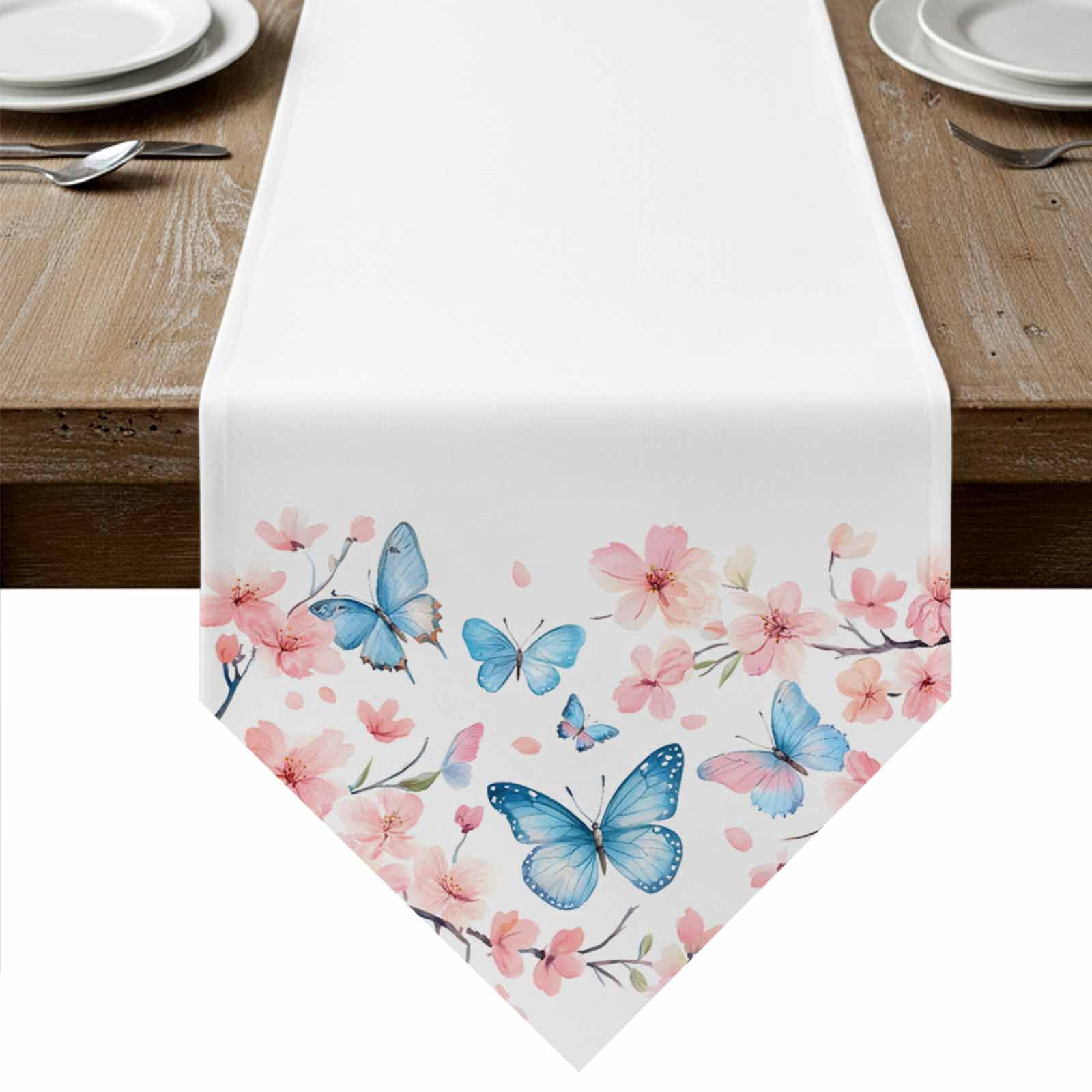 Blue Butterfly Table Runner Linen Burlap Table Runner 48 Inches Long ...