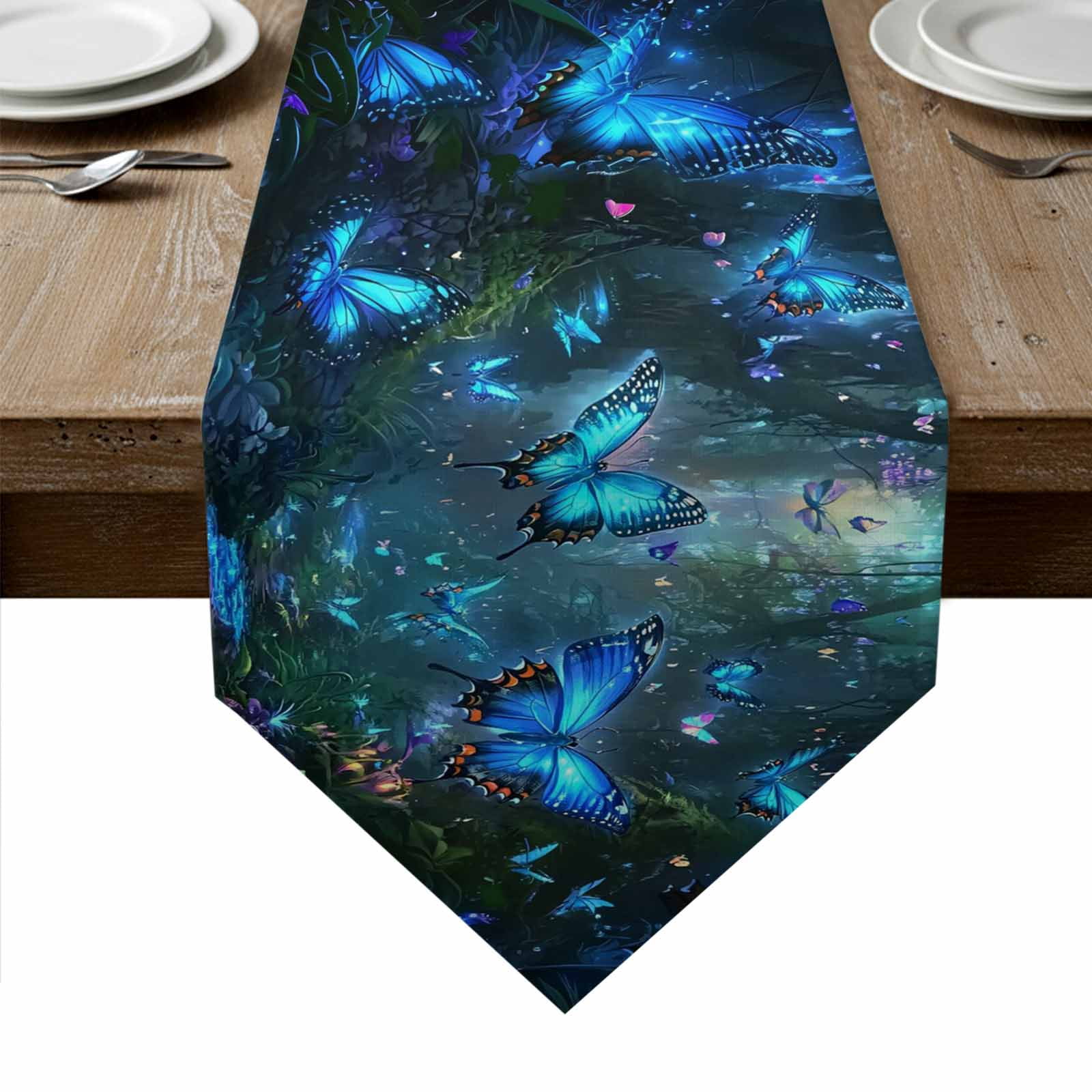Blue Butterfly Table Runner Linen Burlap Table Runner 72 Inches Long ...