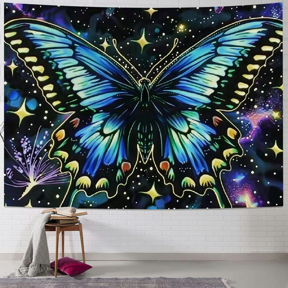 Blue Butterfly Tapestry Boho Floral Tapestries Botanical Moon Phase ...