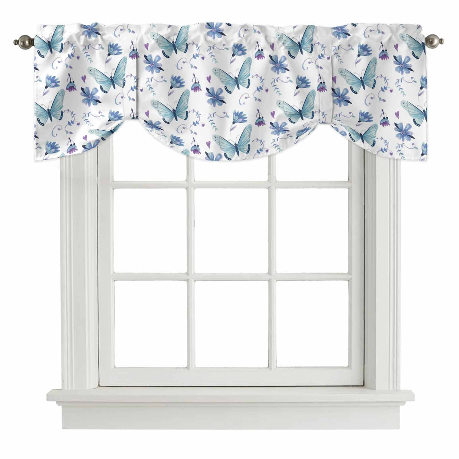 Blue Butterfly Tie Up Valance for Windows, Purple Flower Spring Floral ...