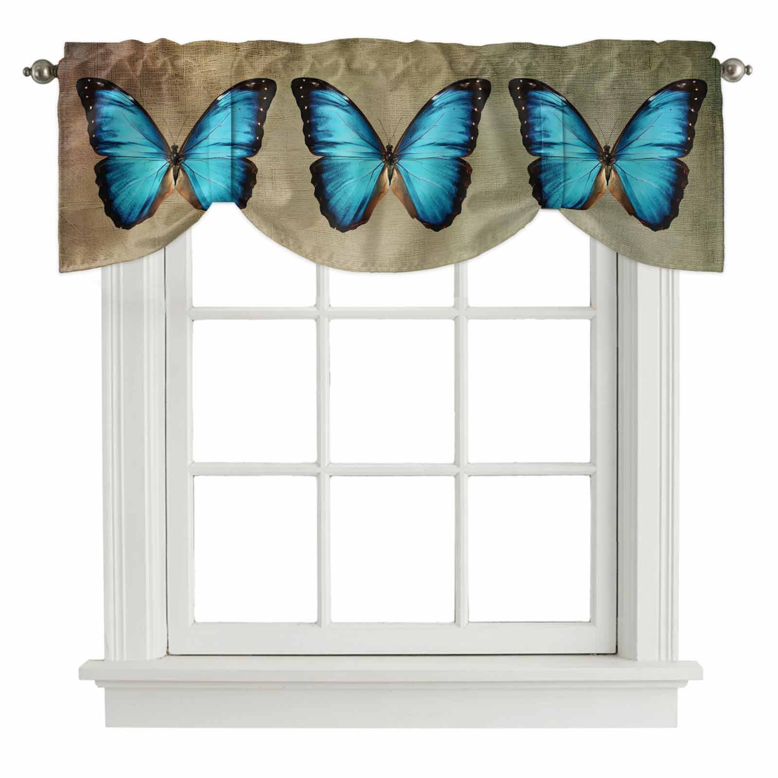 Blue Butterfly Tie Up Valance for Windows, Vintage Brown Retro Bug Farm ...