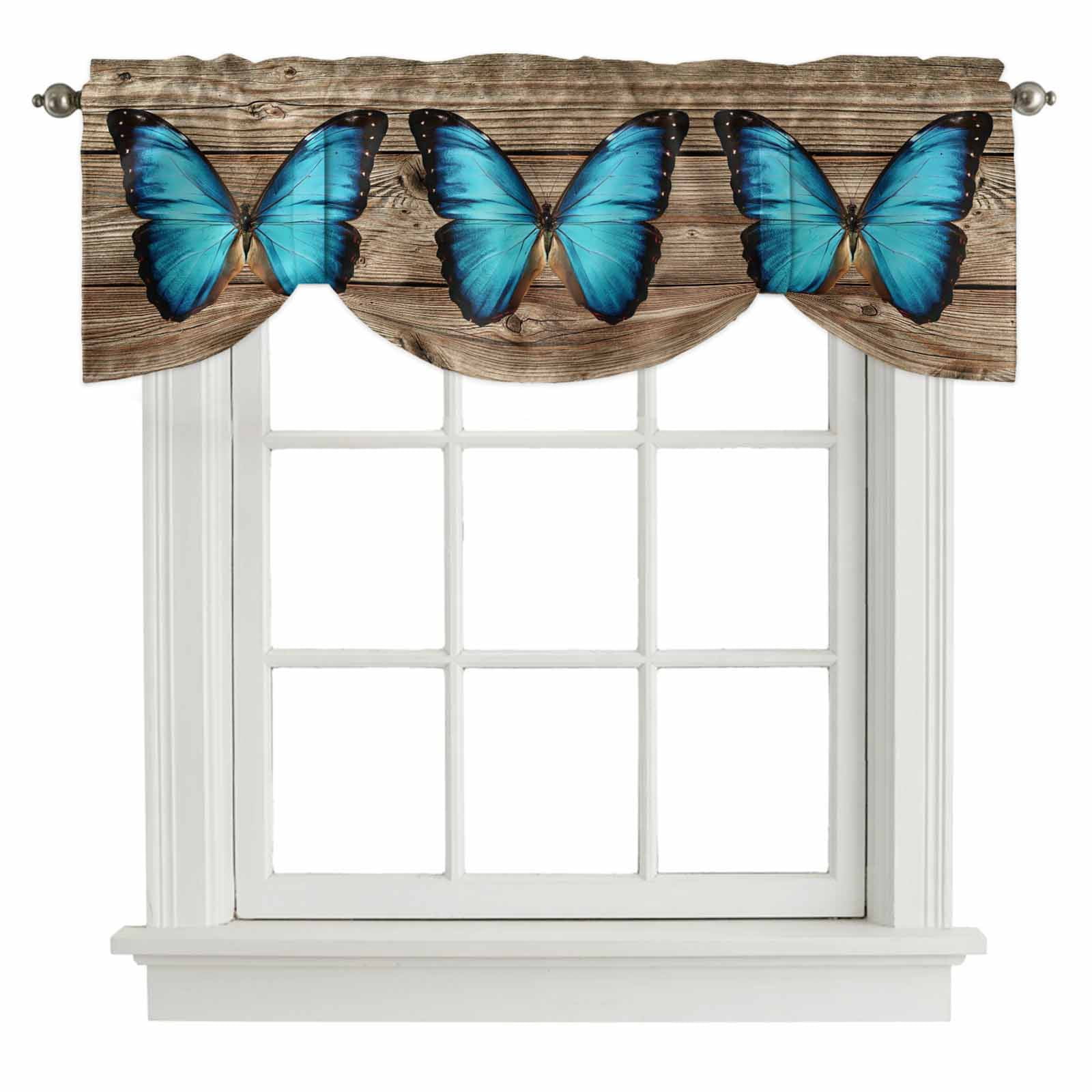 Blue Butterfly Tie Up Valance for Windows, Vintage Brown Wood Grain ...