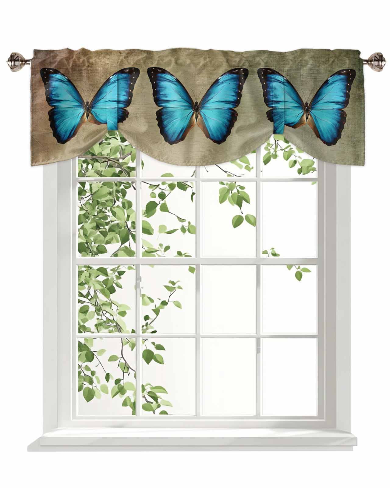 Blue Butterfly Tie Up Valances Curtain, Adjustable Kitchen Vintage ...