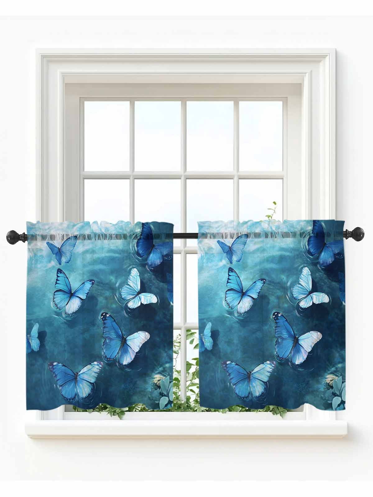 Blue Butterfly Tier Curtains 24 Inch Length, Sheer Curtains for Bedroom ...