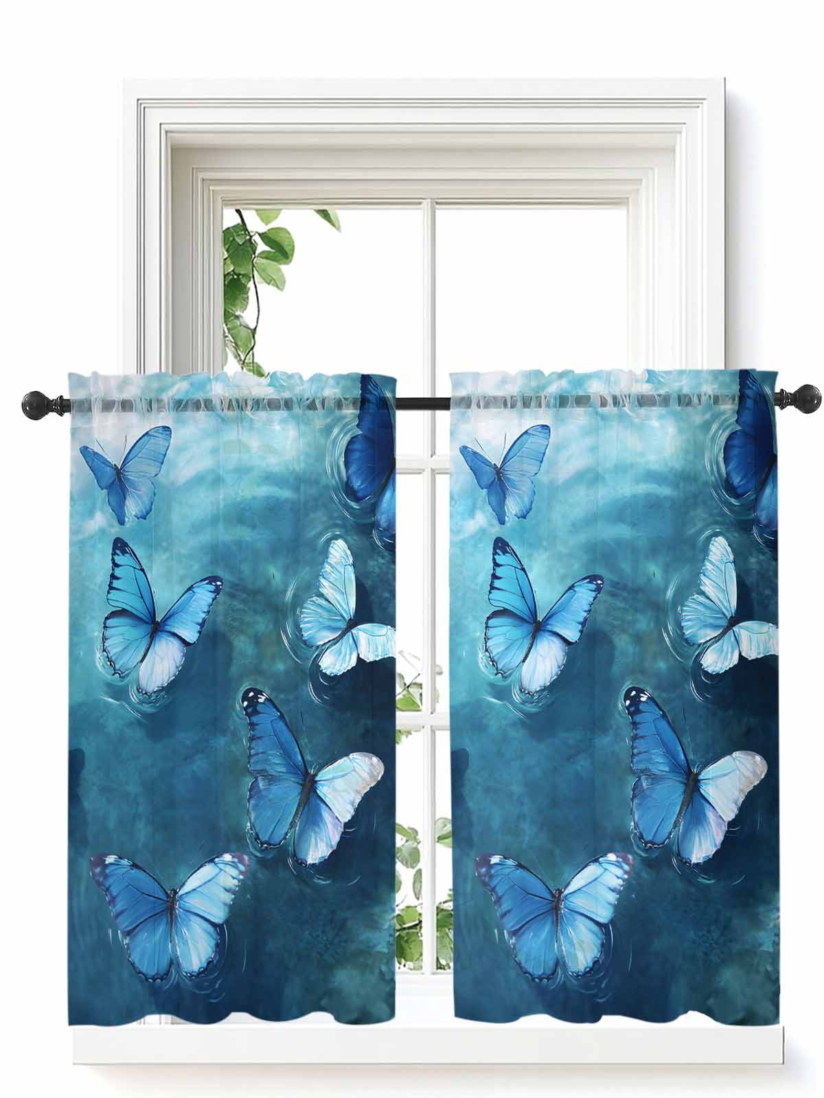 Blue Butterfly Tier Curtains 45 Inch Length, Sheer Curtains for Bedroom ...