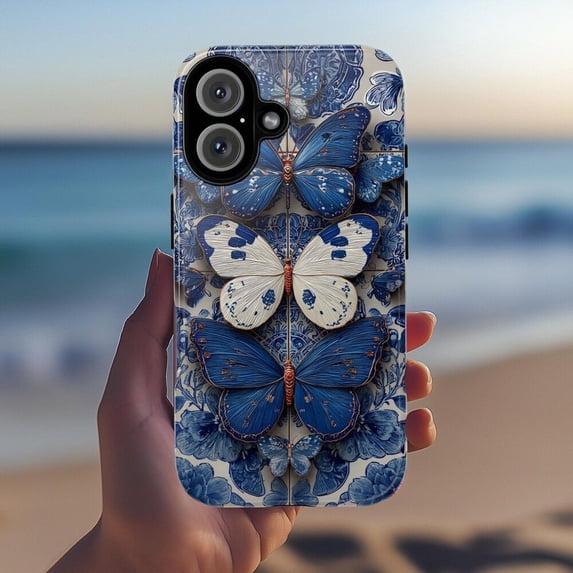Blue Butterfly Tile Effect Artistic Phone Case with iPhone 17 to 11 Pro ...