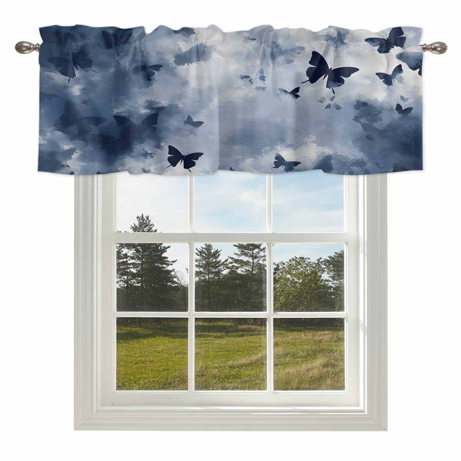 Blue Butterfly Valances for Windows, 42x18in, Foggy Navy Blue Butterfly ...