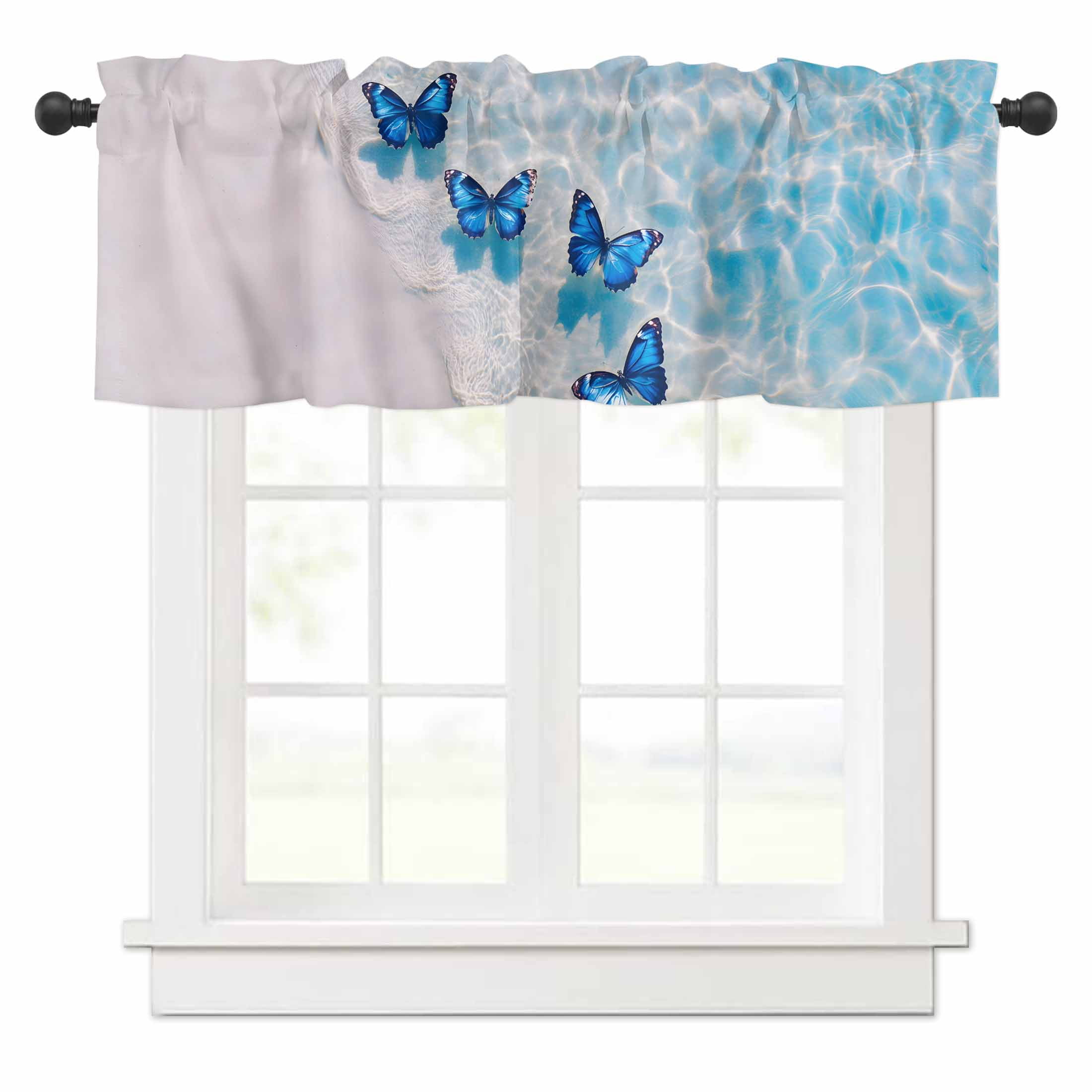 Blue Butterfly Valances for Windows Ocean Water Rod Pocket Curtain ...