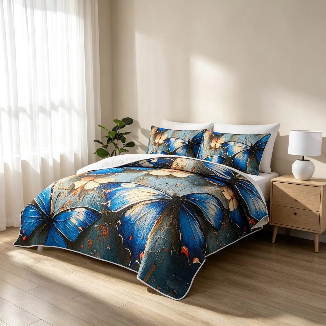 Blue Butterfly Vintage Oil Painting Quilt Set, farmhouse artistic ...