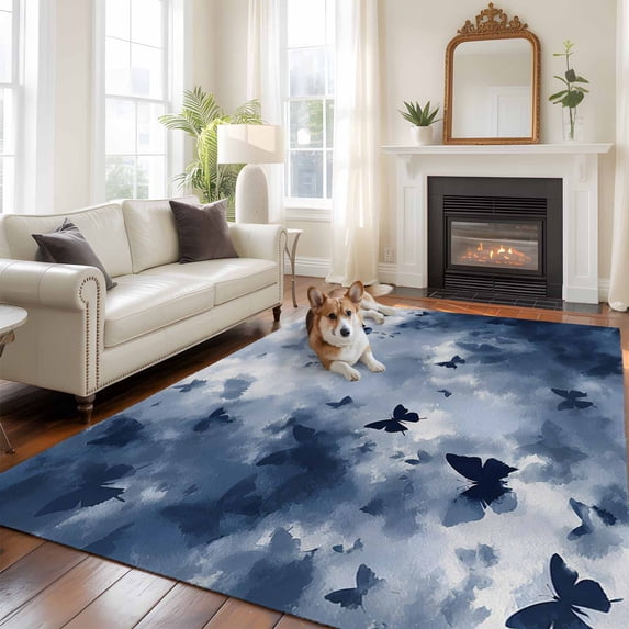 Blue Butterfly Washable Area Rug 8x10 Foggy Navy Blue Butterfly ...