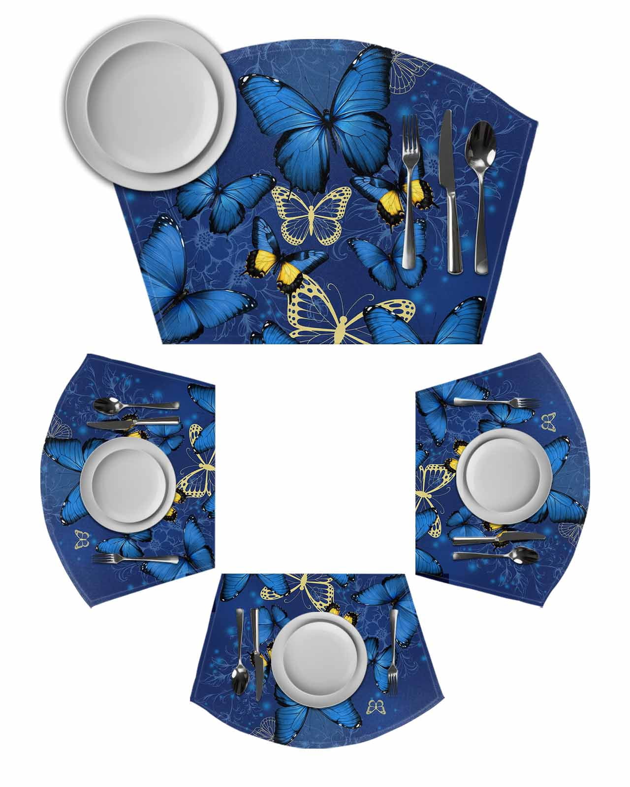 Blue Butterfly Wedge Shaped Placemats Set of 4, Cotton Linen Fan Place ...