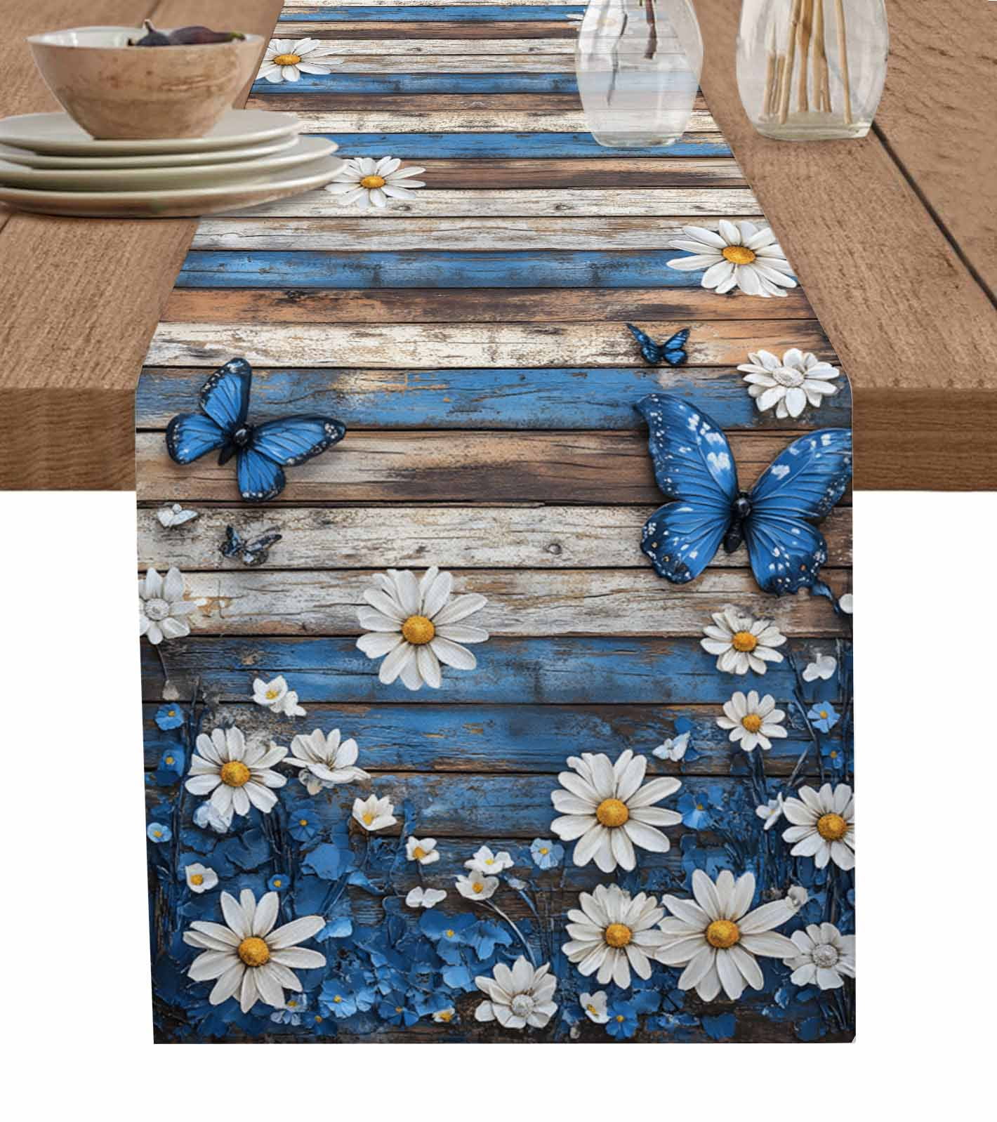 Blue Butterfly White Daisy Burlap Cotton Table Runner 18x72 Inches Long ...