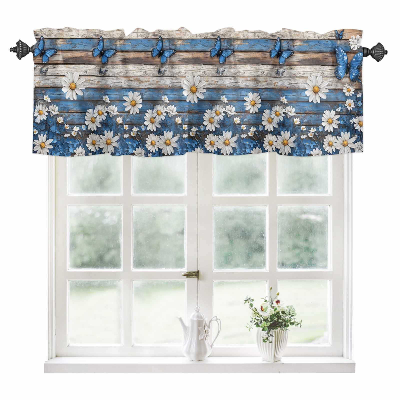 Blue Butterfly White Daisy Kitchen Valances for Windows 42x12 Inch ...