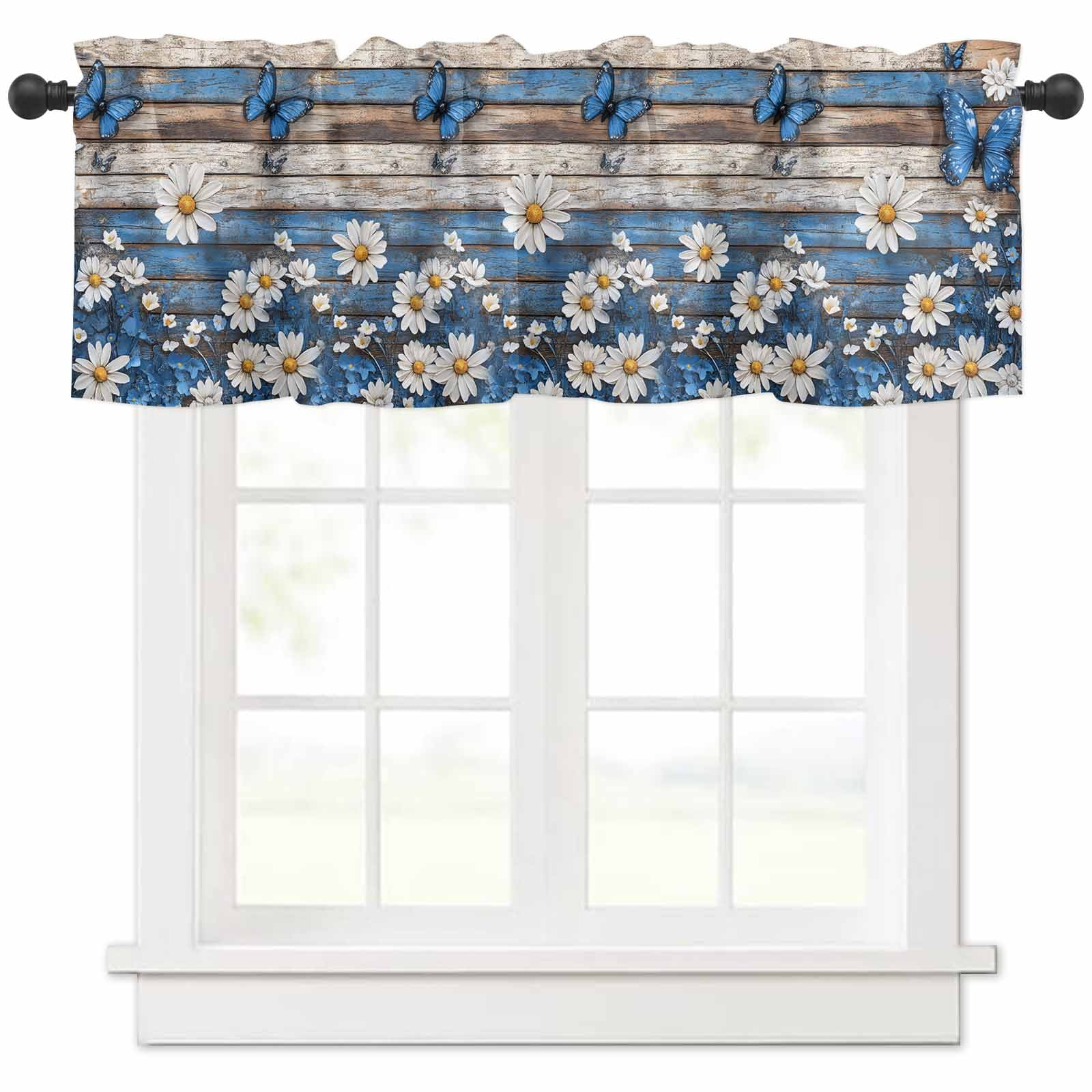 Blue Butterfly White Daisy Valances for Windows Farmhouse Kitchen ...