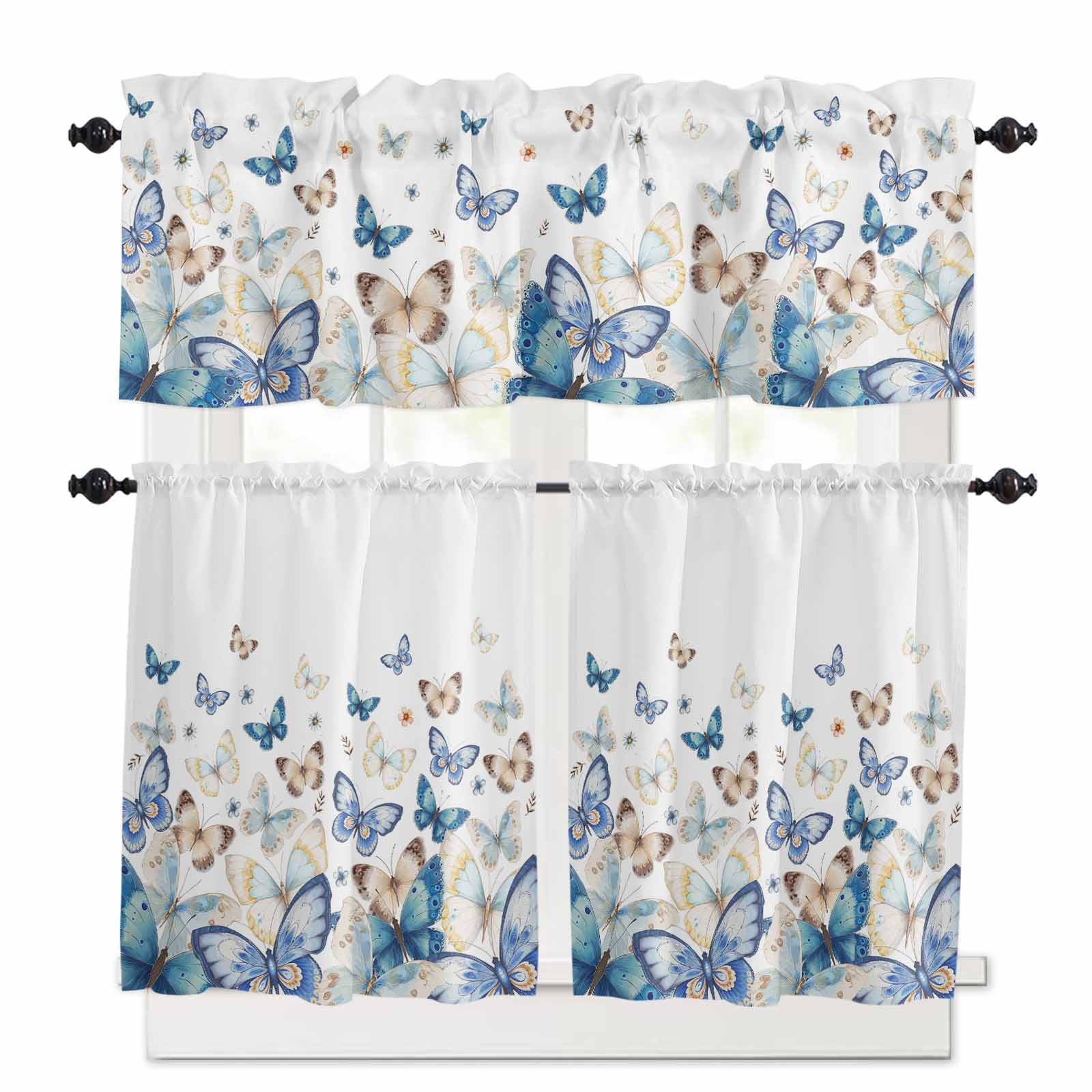 Blue Butterfly Window Curtains Valance Set of 3 Farmhouse Floral Rod ...