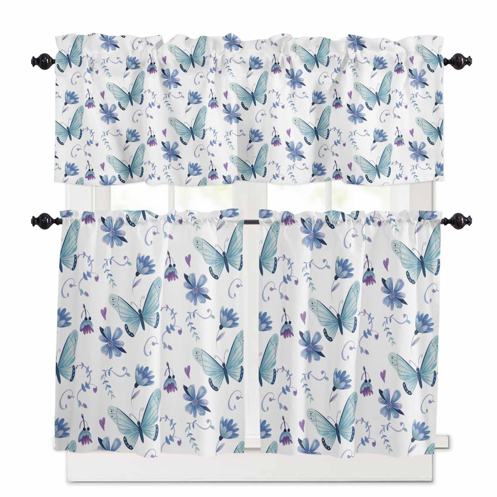 Blue Butterfly Window Curtains Valance Set of 3 Purple Flower Spring ...