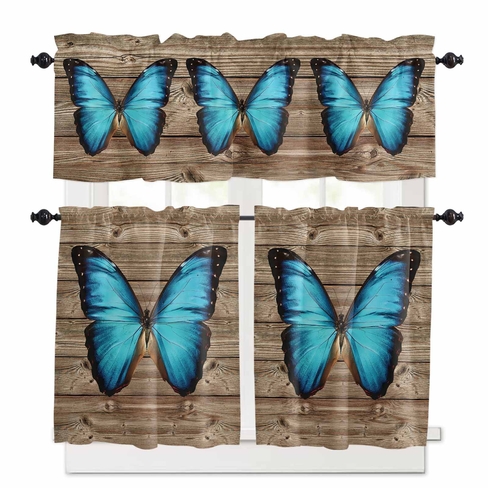 Blue Butterfly Window Curtains Valance Set of 3 Vintage Brown Wood ...