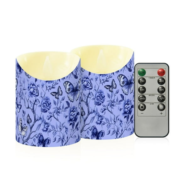 Blue Butterfly and Flower Pattern Flameless Candles 2 PCS with Remote ...