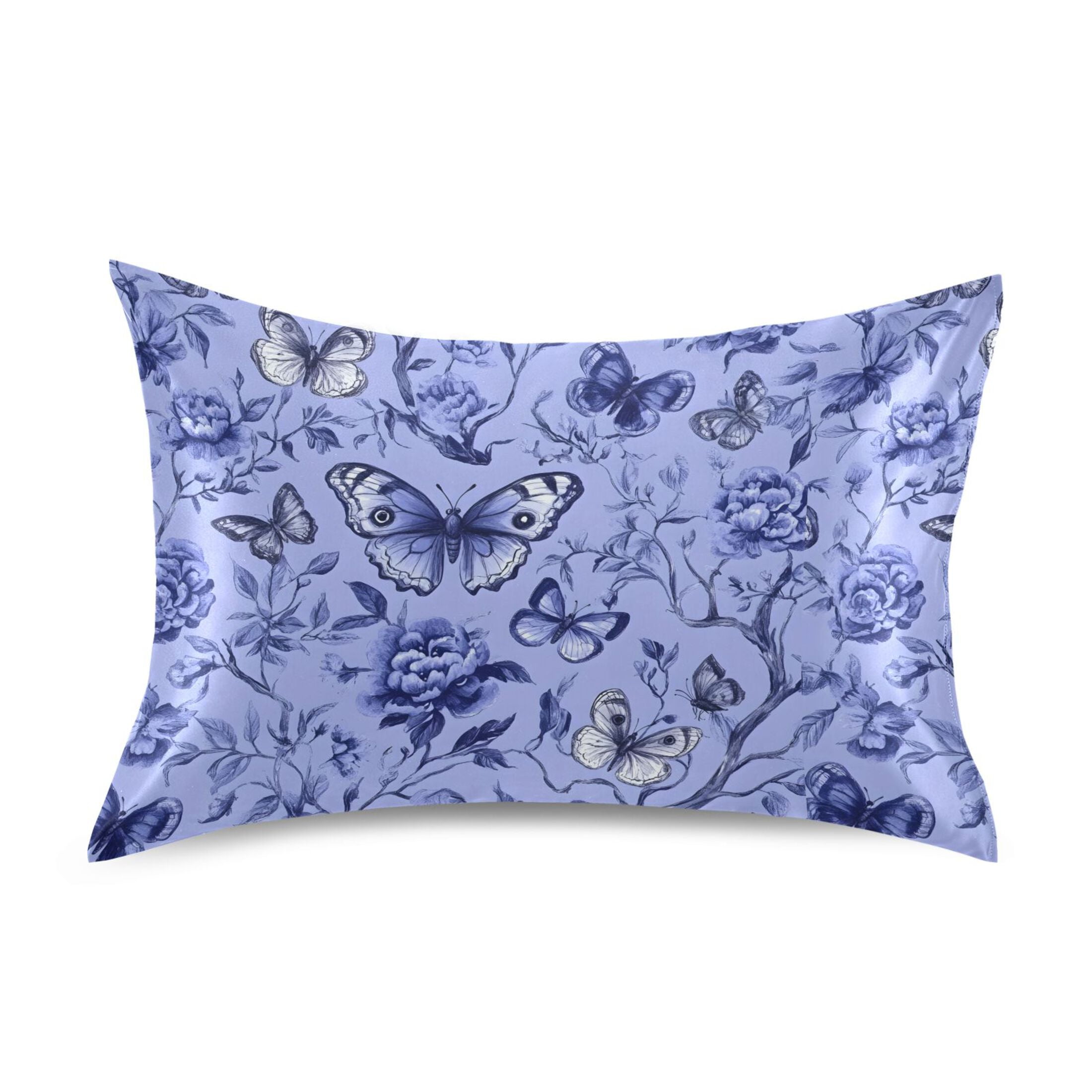 Blue Butterfly and Flower Pattern Pillowcase Standard Size Luxury Silky ...