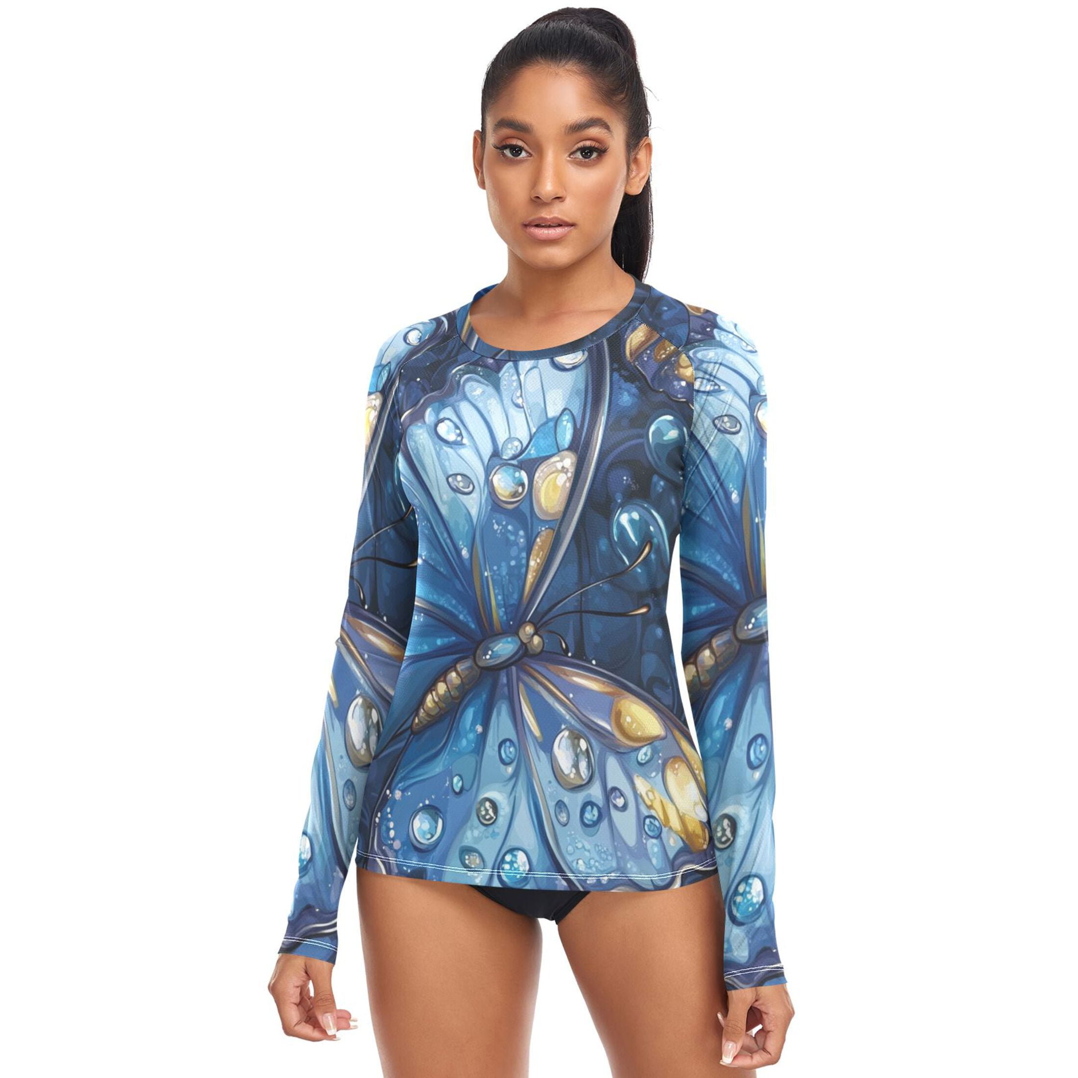 Blue Butterfly and Raindrop Women's Rash Guard Shirts UPF 50+ Sun ...