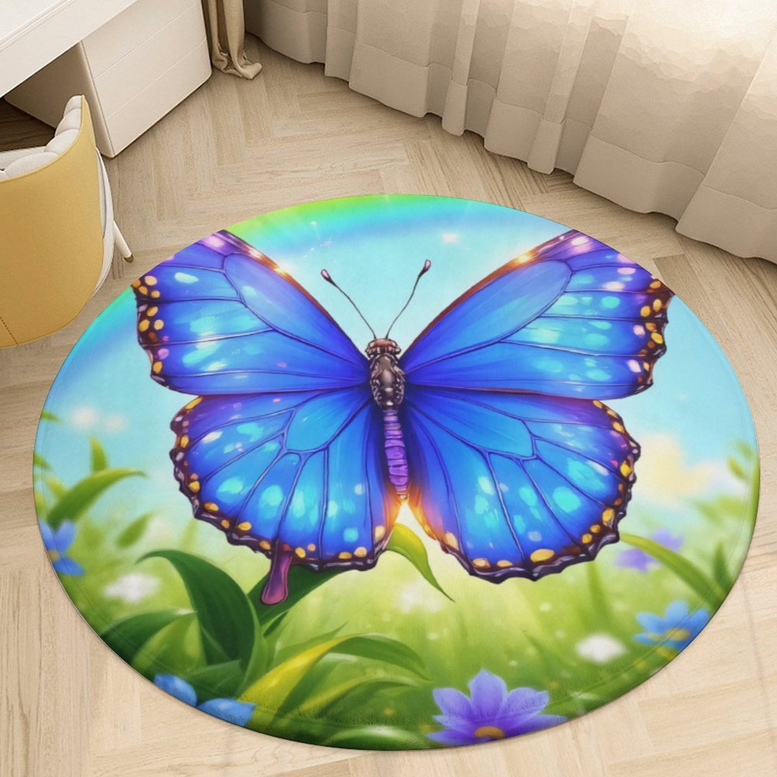 Blue Butterfly in Rainbow Garden Round Area Rugs for Bedroom Living ...