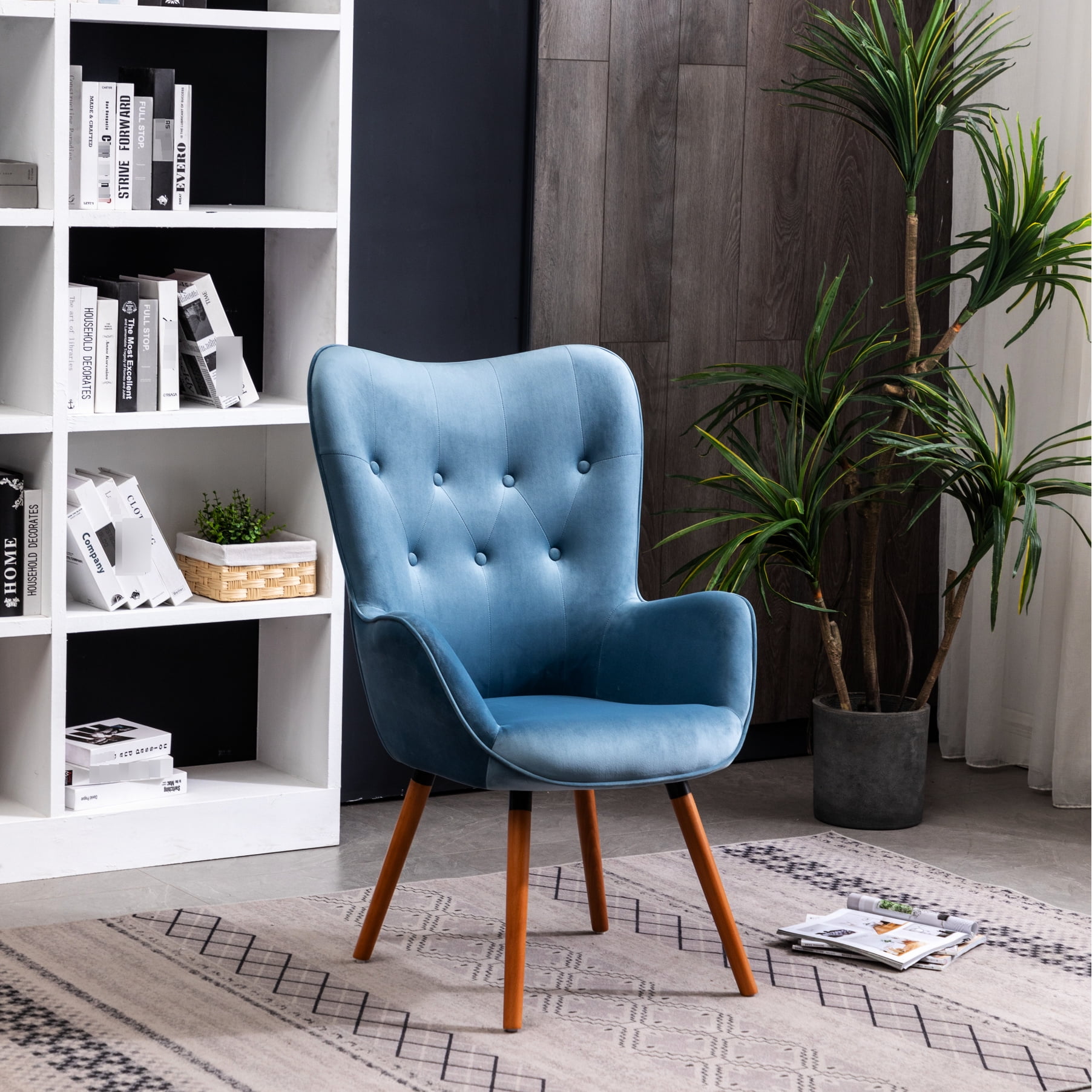 Blue Button Back Chair In Velvet, With Solid Wood Legs For Pleasant ...