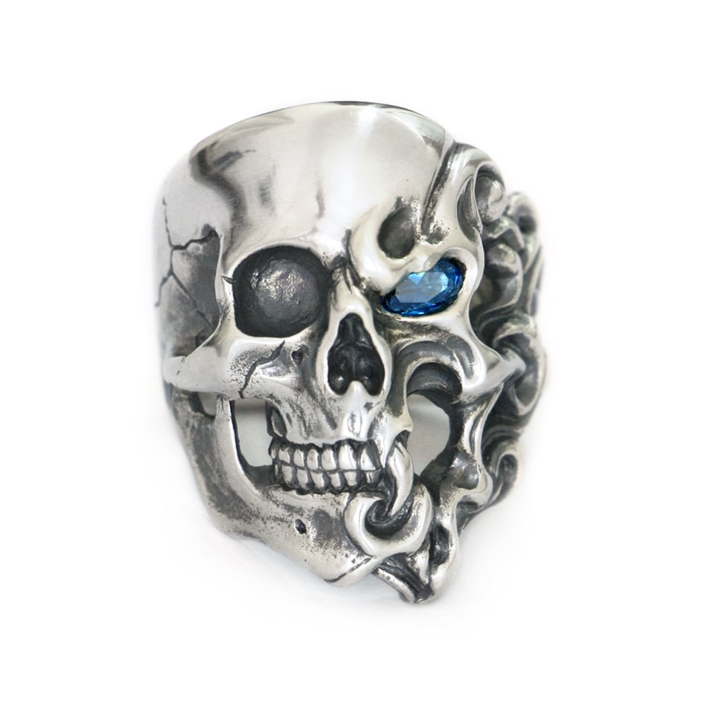 Blue CZ Eyes 925 Sterling Silver Fire Skull Ring Biker Punk Jewelry ...