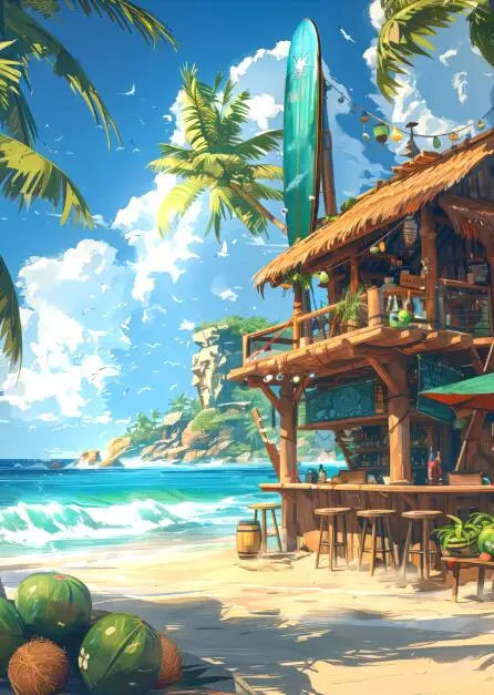 Blue Cabin Beach Forest Canvas Painting Sea Summer Beach Bar Anime Wall ...