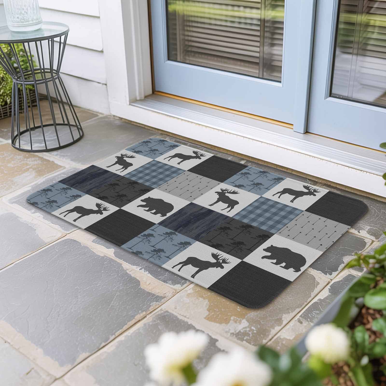 Blue Cabin Check Door Mat Indoor Outdoor,Rustic Bear Elk Farmhouse ...