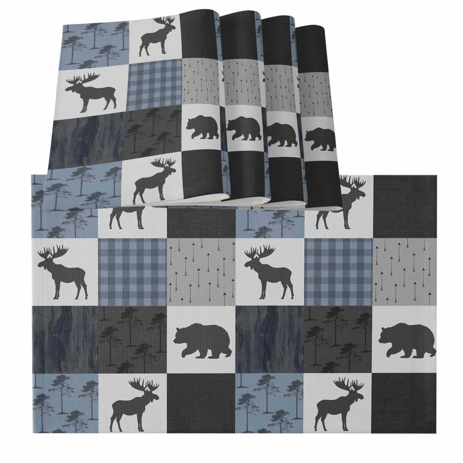 Blue Cabin Check Placemats for Dinning Table Set of 4, Rustic Bear Elk ...