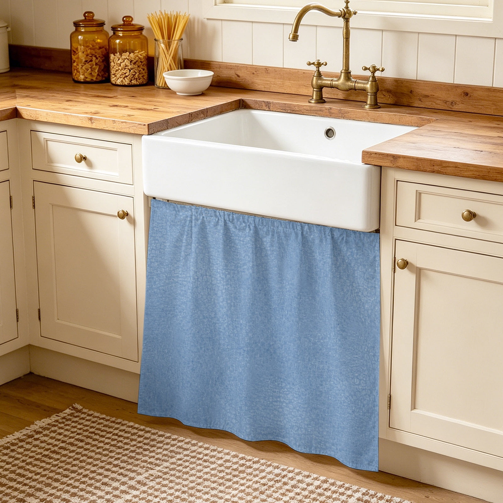 Blue Cabinet Curtain, Natural Solid Color Organic Mottling Texture Sink ...