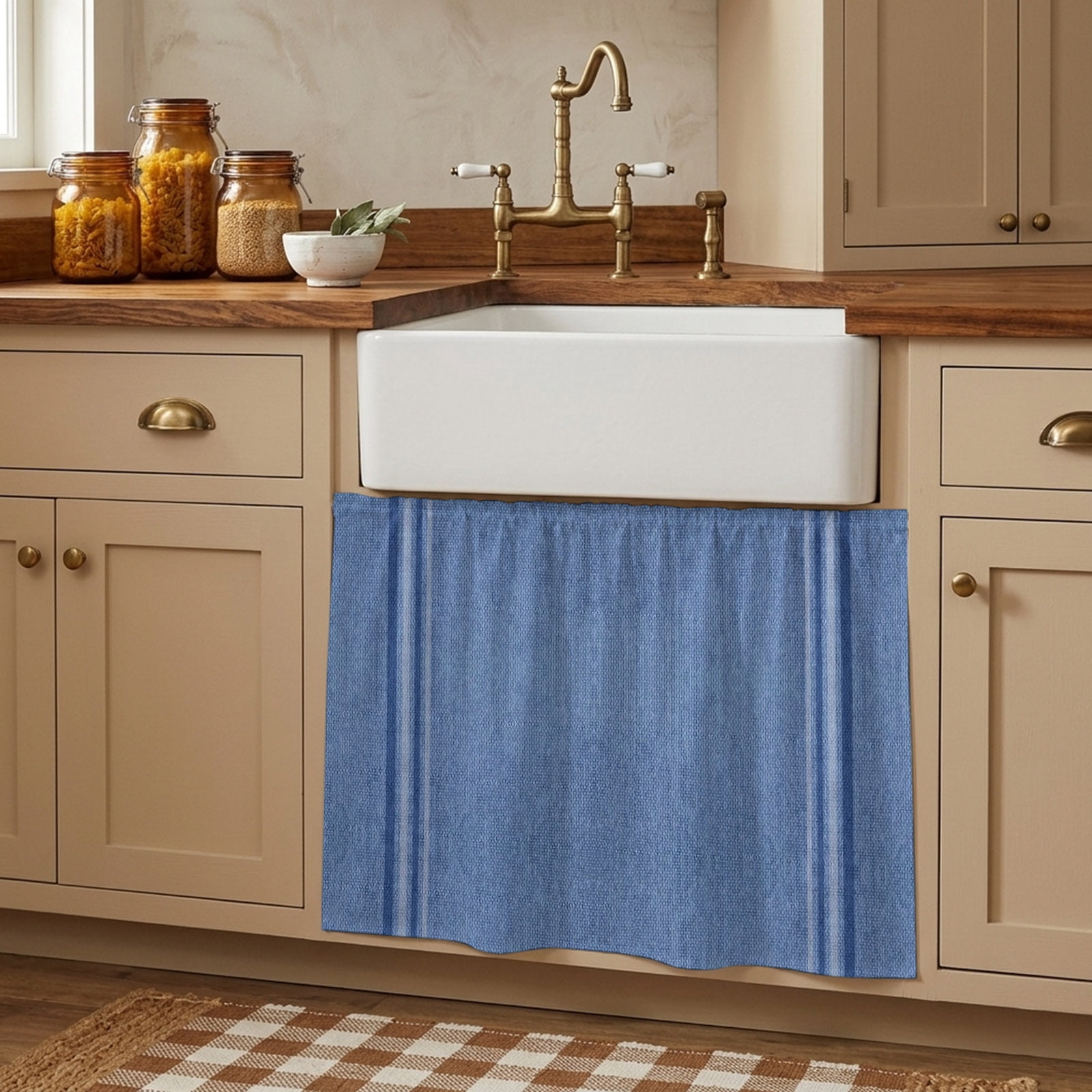 Blue Cabinet Curtains 27.6"W x 35.4"L, Farmhouse Vintage Abstract Linen ...