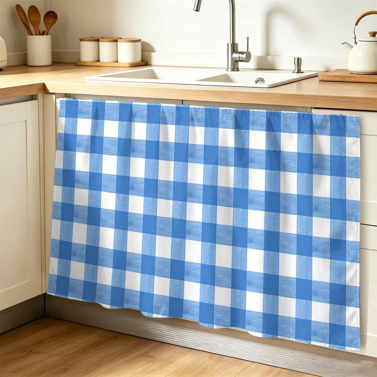 Blue Cabinet Curtains for Shelves, Country French Rustic Buffalo Plaid ...
