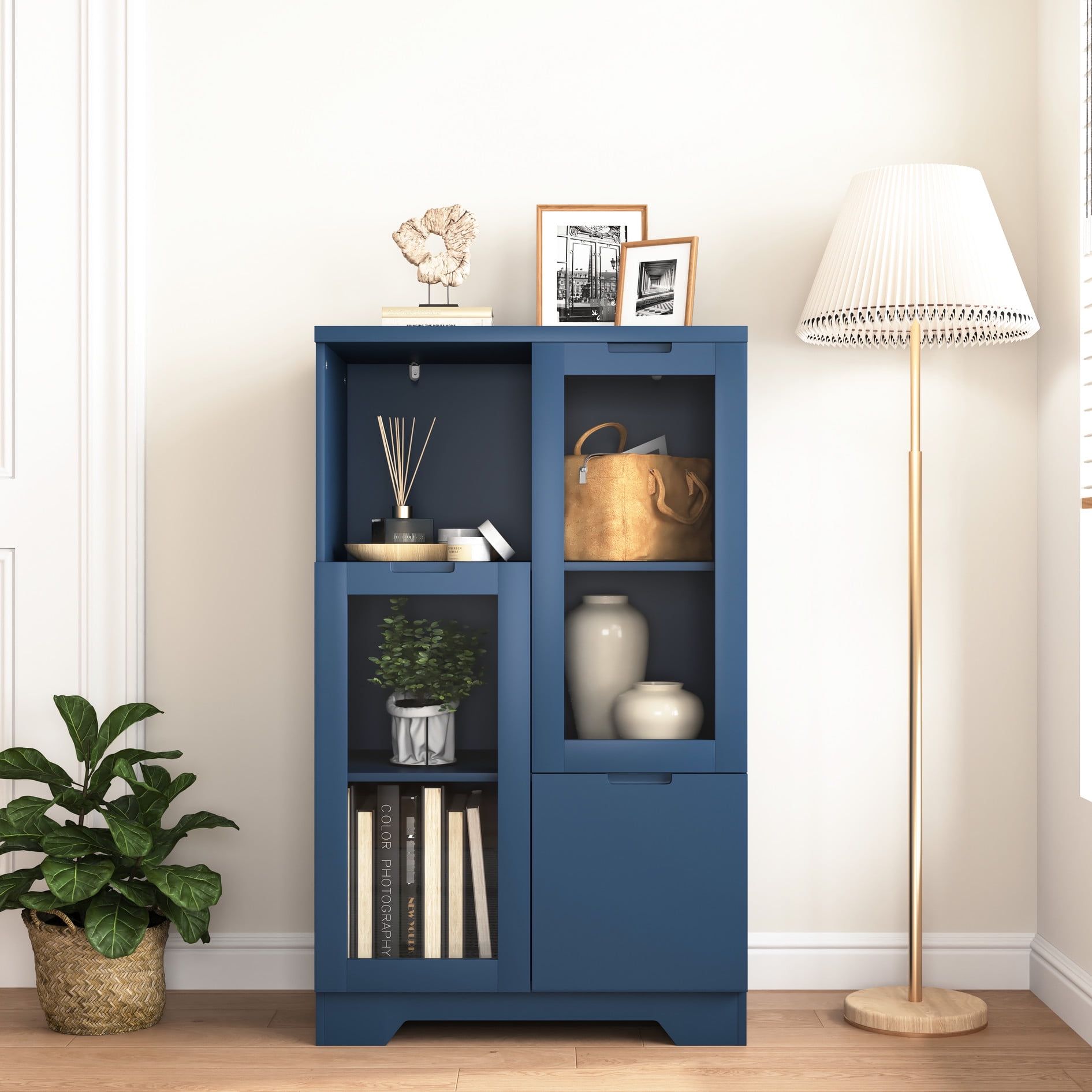 Blue Cabinet With Shatter- Glass Doors And Drawer - Ideal For Bedroom ...
