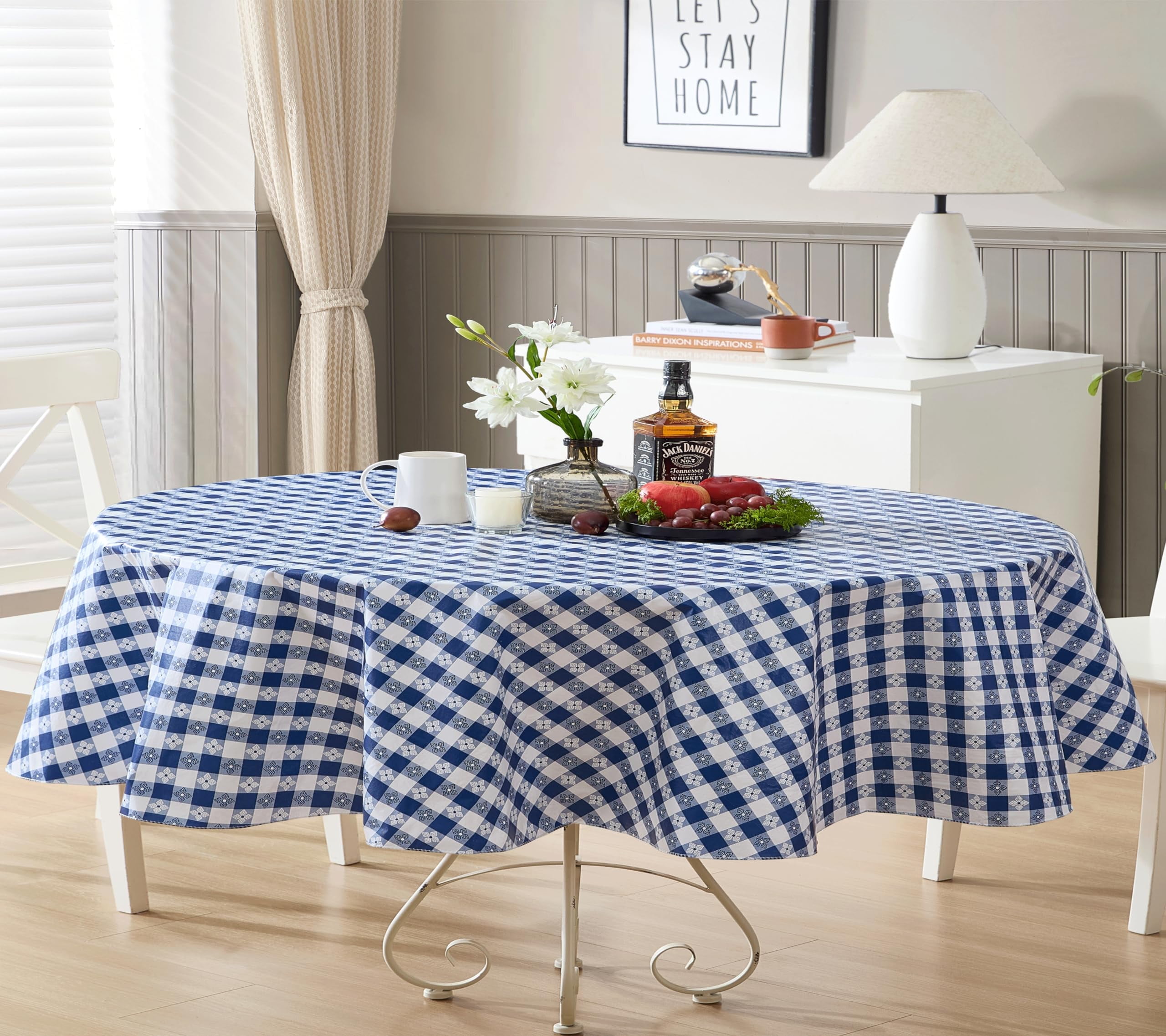 Blue Café Bistro Tavern Check 60 x 84 Inch Oval Vinyl Dining Tablecloth ...