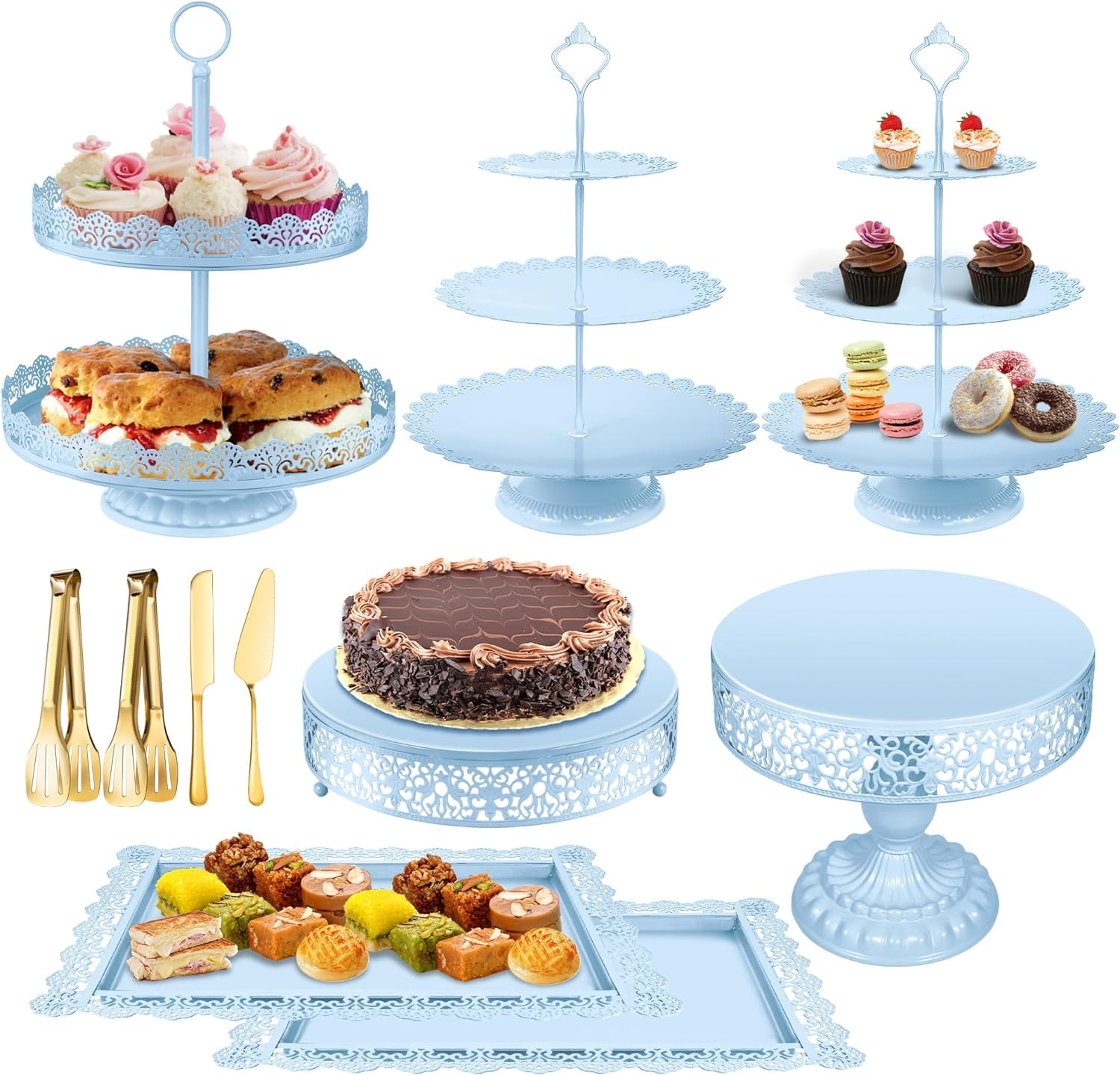 Blue Cake Stand Dessert Table Display Set, Metal Tiered Cupcake Holder ...