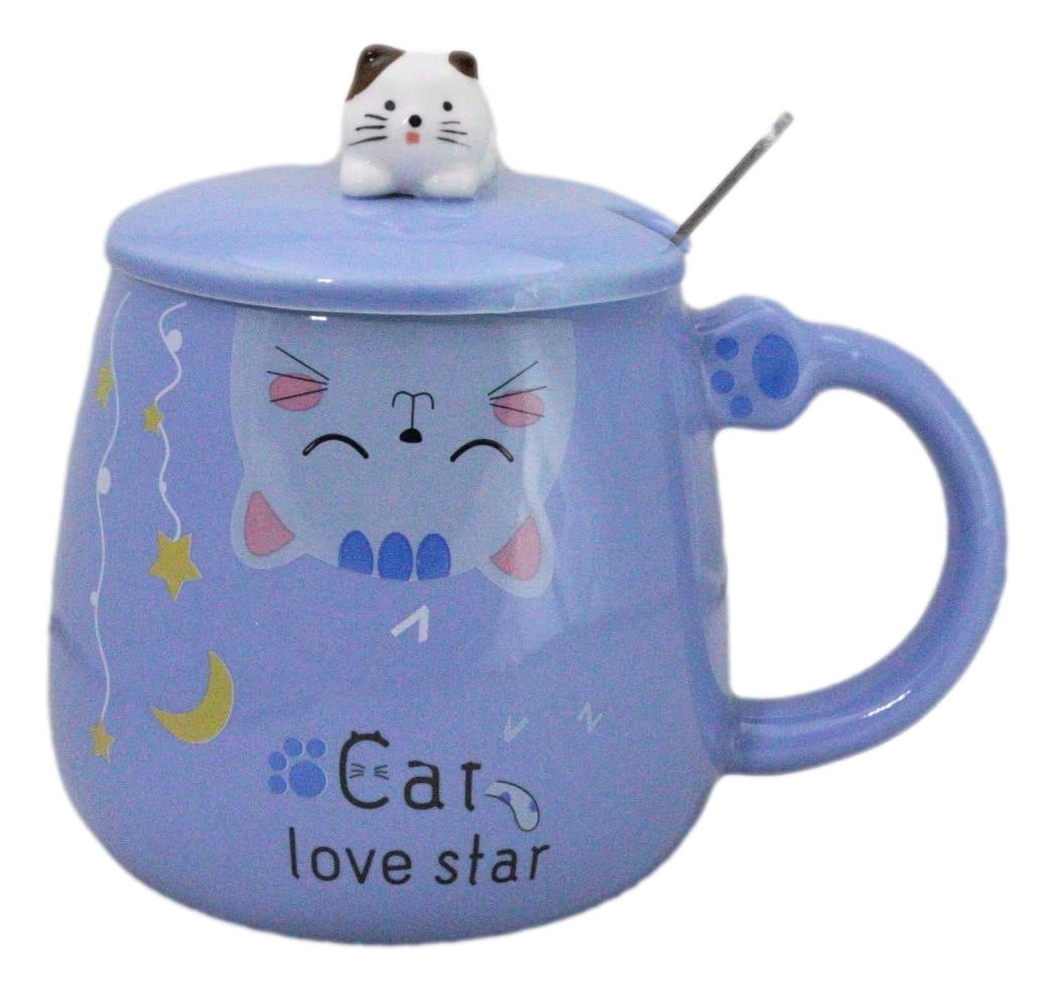 Blue Calico Cat Love Star Coffee Mug Cup With Spoon And Kitten Knob Lid ...