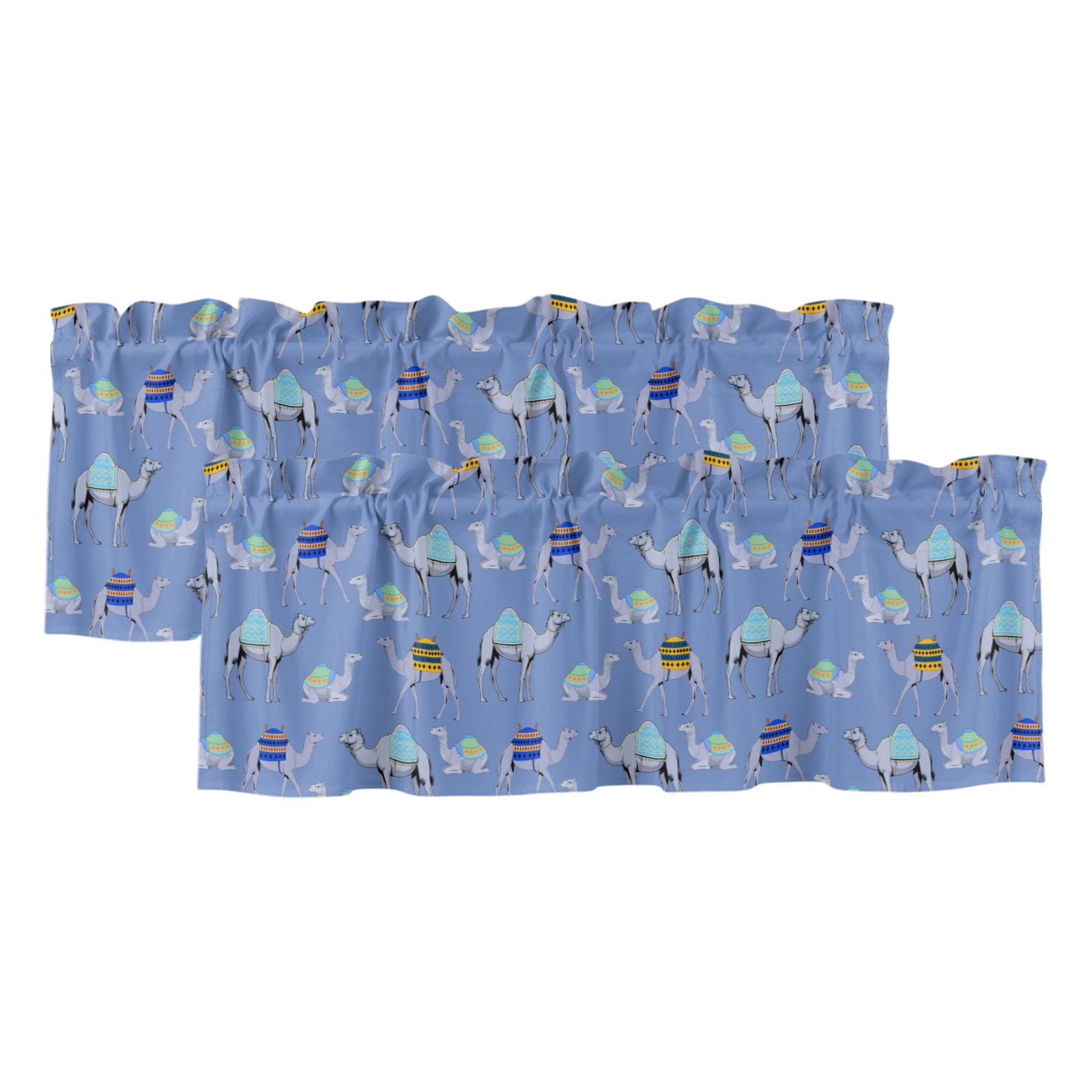Blue Camel 2 Panels Kitchen Valance, Exotic Cute Cartoon Camels Wild ...