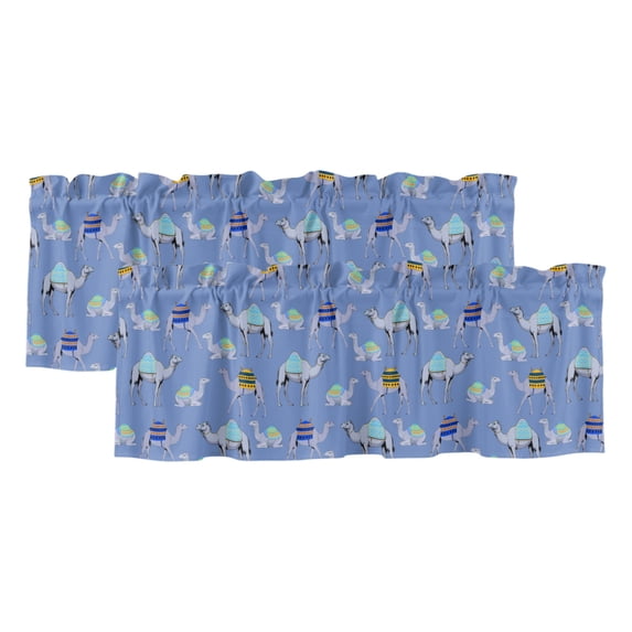 Blue Camel 2 Panels Kitchen Valance, Exotic Cute Cartoon Camels Wild ...