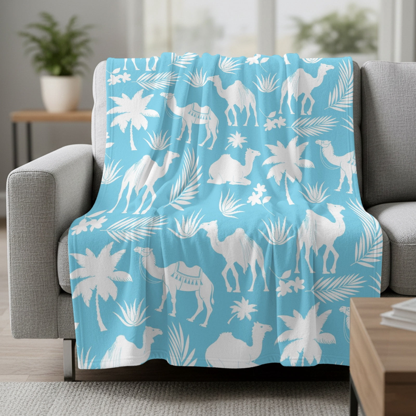 Blue Camel Fleece Throw Blanket Country Watercolor Date Palm Trees Leaf ...